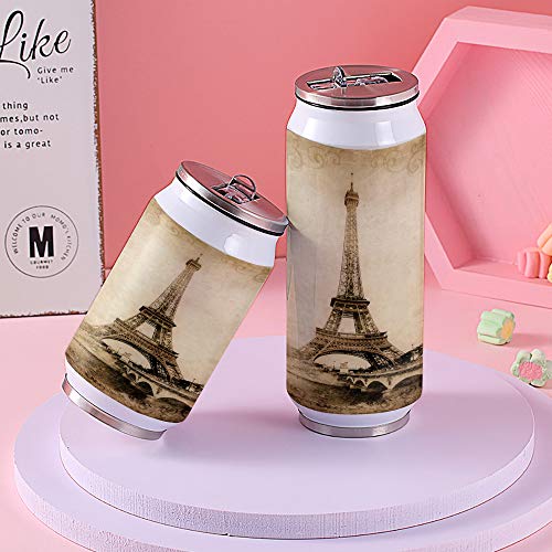 14oz Stainless Steel Tumbler with Lid & Straw-Double Wall Vacuum Insulated Travel Mug,Retro Eiffel Paris Tower Pattern Water Bottle Coffee Beverage Drinks Cup for Adults Kids