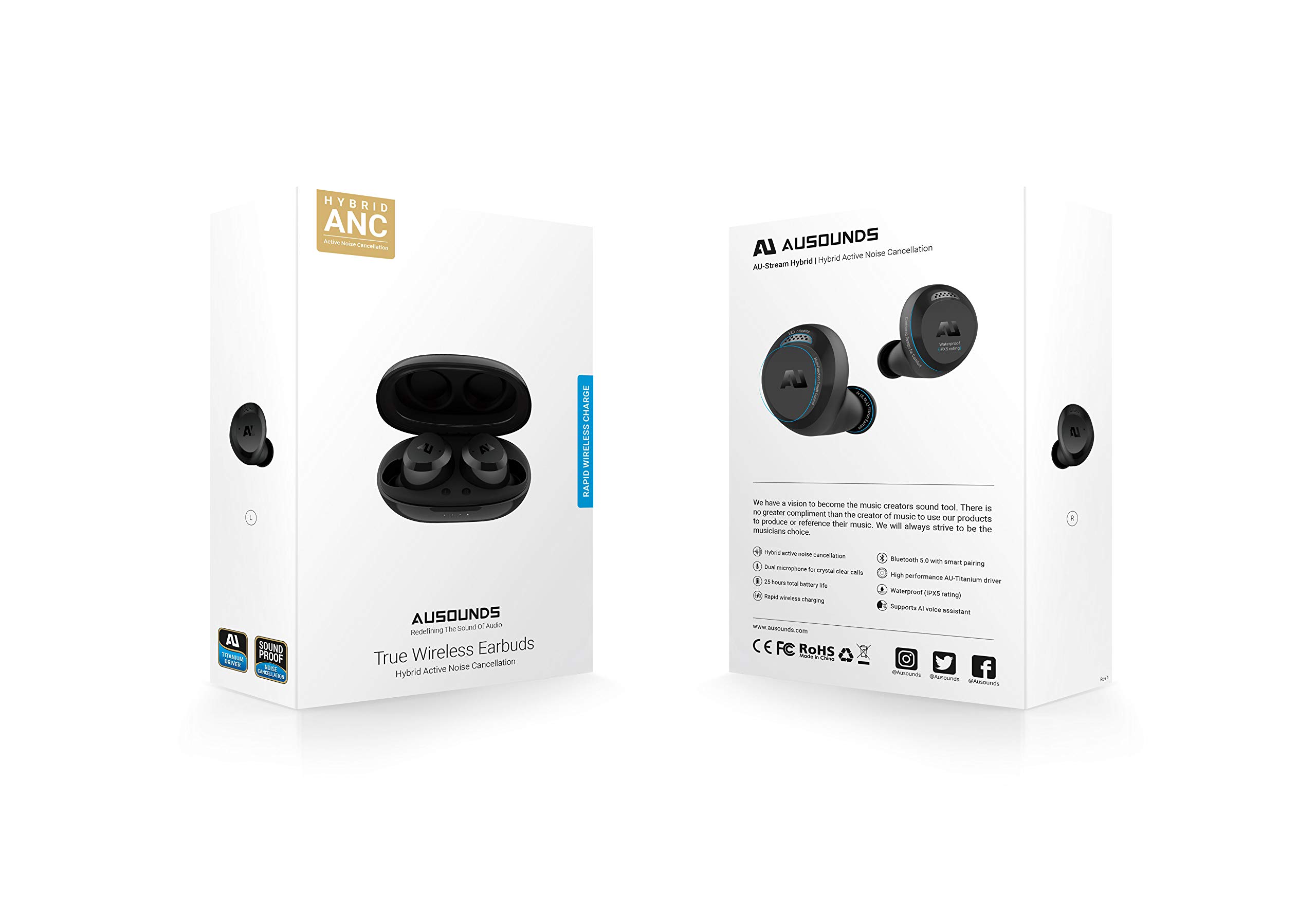 ausounds AU-Stream Hybrid Bluetooth True Wireless Hybrid Active Noise Cancelling Earbuds with Touch Controls, Wireless Charging Case, and Premium Dynamic Drivers, Red