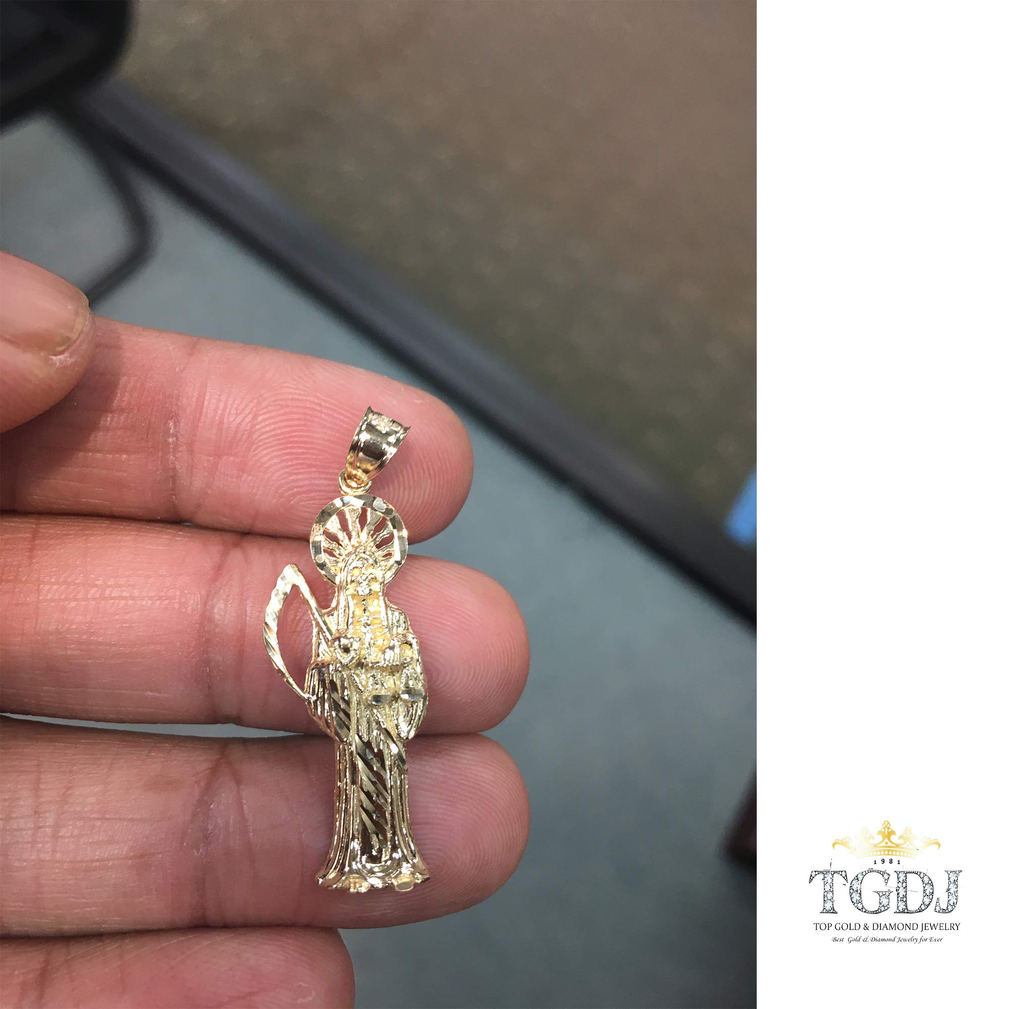 14k Yellow Gold Religious Santa Muerte Pendant - Height 30 MM Width 13 MM Avg. Weight 1.8 grams