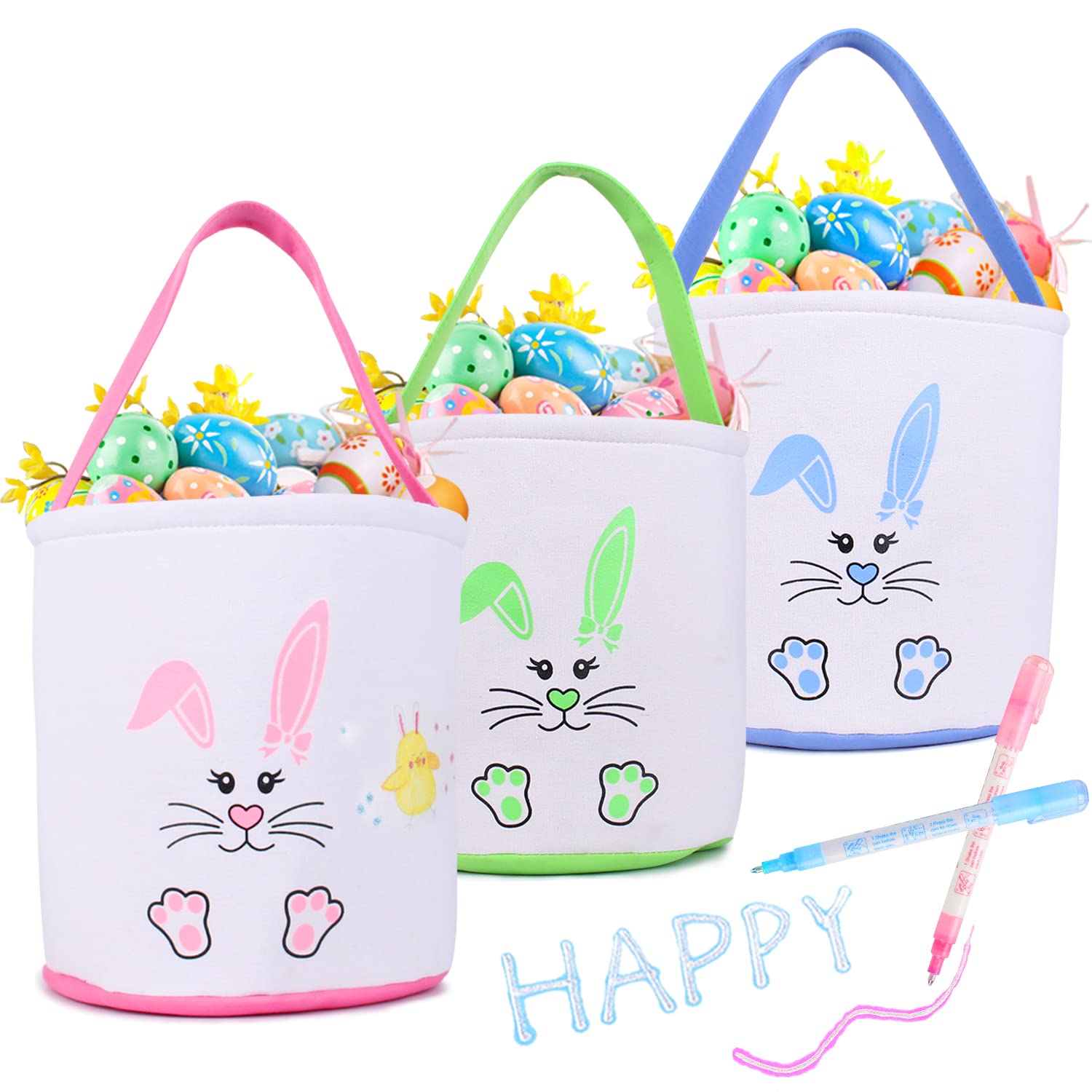 3Pcs Easter Basket for Kids Easter Bunny Canvas Candy Basket Bulk, DIY Personalized Easter Large Buckets Tote Bags Egg Hunt Gifts Basket Easter Party Favors Decorations with 2Pcs Double Line Pens