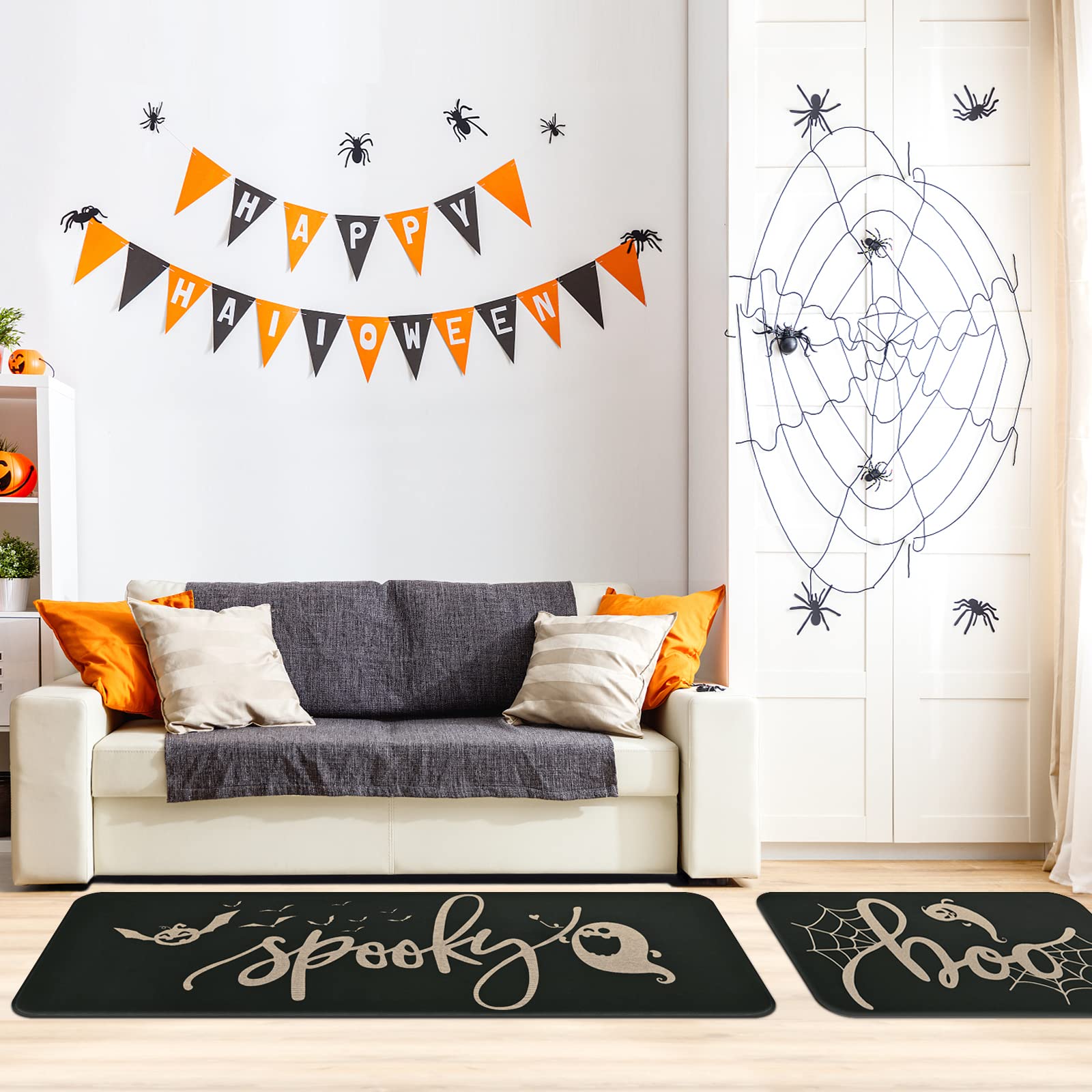 2 Pcs Halloween Kitchen Rugs Mat, Personalized Ghost Bat Horror Black Area Rug Set of 2 Washable, Non-Slip Absorbent Cartoon Boo Spooky Kitchen Mats Cushioned Anti Fatigue, 17'' x 47'' + 17'' x 30''