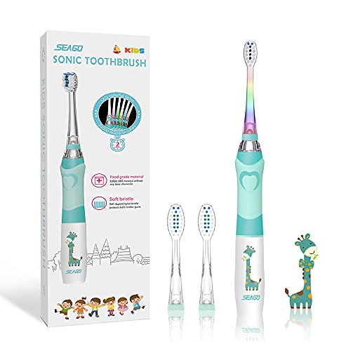 Kids Electric Toothbrushes,Sonic Battery Powered Tooth Brush with Smart Timer,Waterproof Deep Clean for Children and Toddlers Age 3+,Travel with 3 Soft Brush Heads,Cute Colorful LED Light (Green)