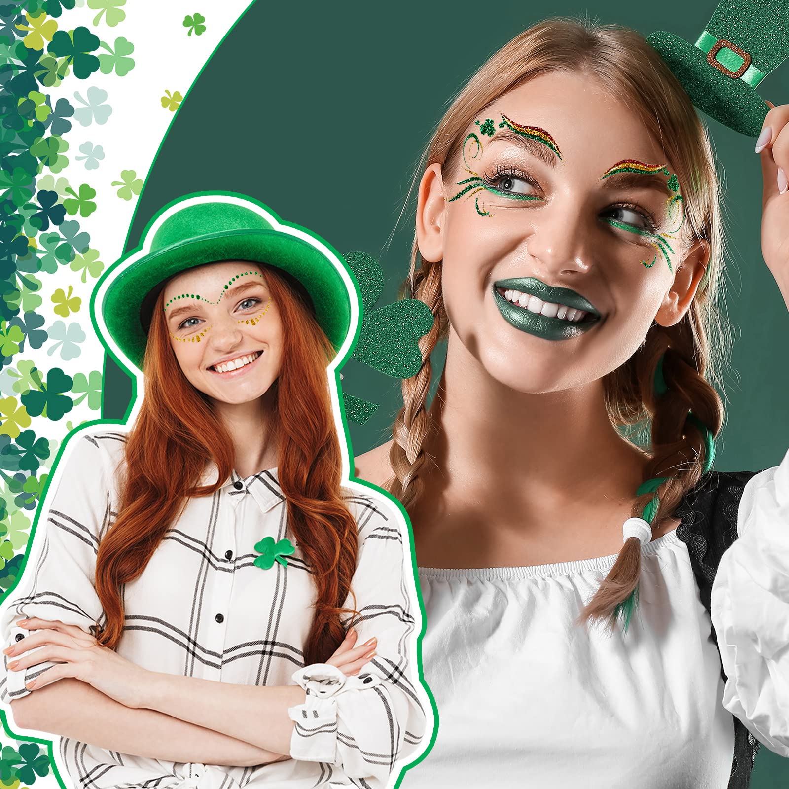 117 Pcs St. Patrick's Day Glitter Face Tattoos Green Face Jewelry Tattoos Temporary Face Jewelry Three Leaf Glitter Shamrock Clover for St. Patrick's Day Party Accessory, 33 Sheets