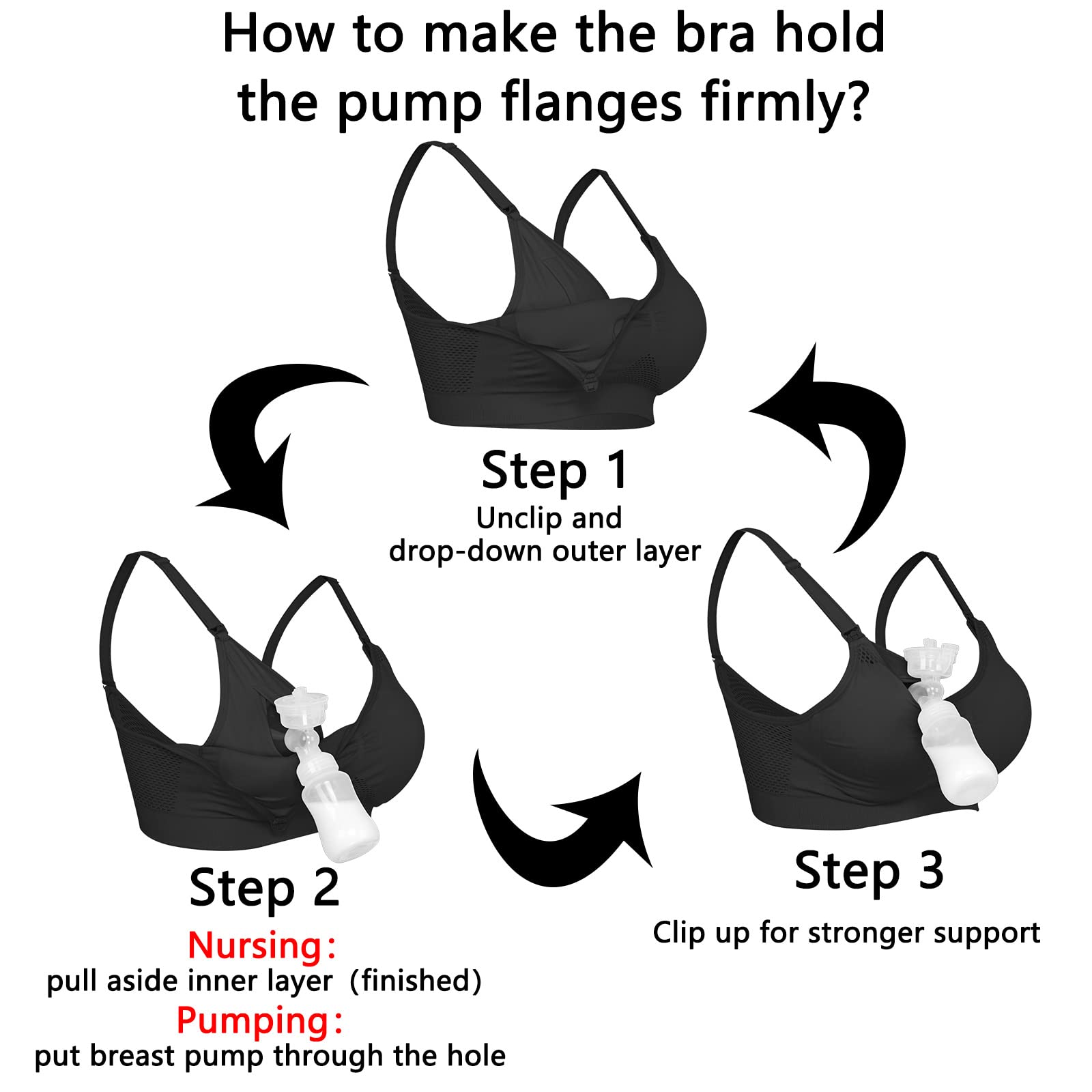 4HOW Hands Free Pumping Bra Pumping Sports Sleeping Bra for Breastfeeding Black Nude Grey Large