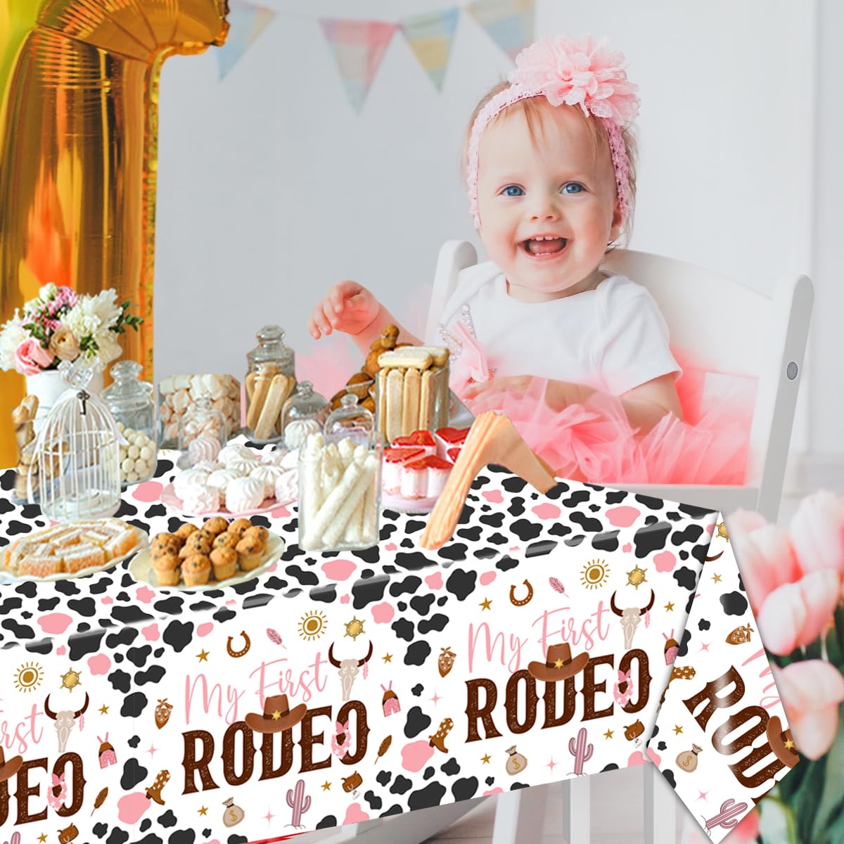 3Pcs My First Rodeo Tablecloths-Cowgirl Baby Shower Decorations Pink Cow Print Western Disposable Rectangular Plastic Table Covers First Rodeo Birthday Party Supplies Girl