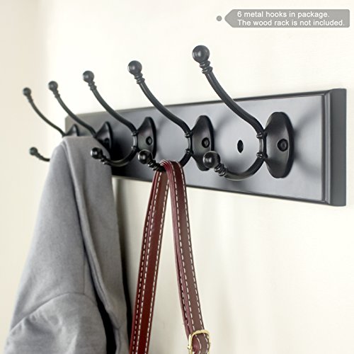 6 PCS 3-3/4 Inch Double Prong Retro Coat and Hat Hook Heavy Duty Metal Wall Hangers with Ball Ends (Screws Included), Flat Black