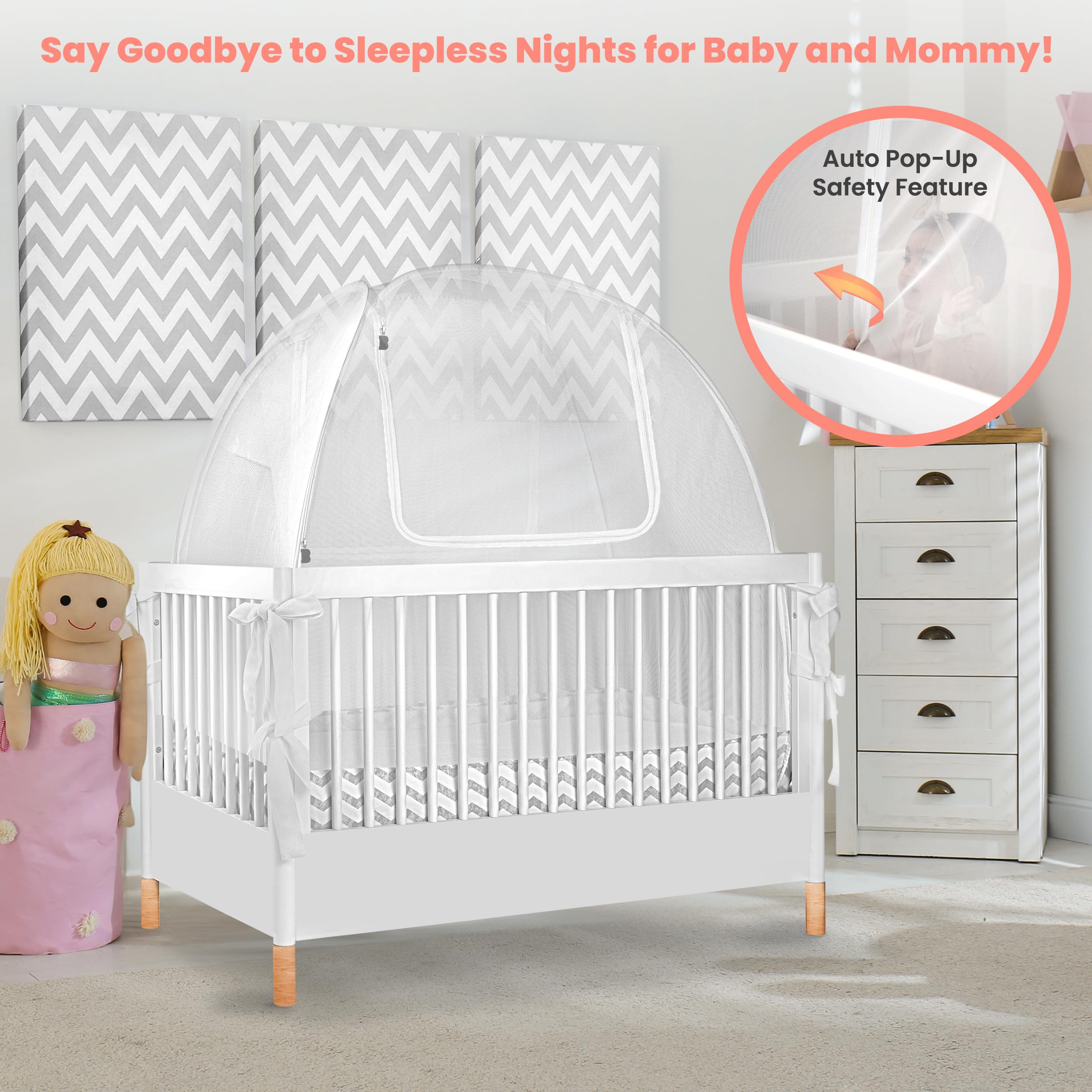 Crib Tent by Pro Baby Safety - Crib Topper Net with Viewing Window – See Through Soft Silky Mesh - Zippered Safety Top for Mosquito Bites and Falling Protection for Infant