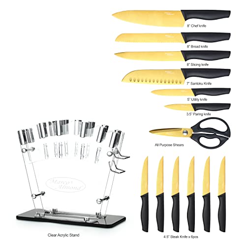 Marco Almond® KYA23 Golden Titanium Knife Set, Kitchen Cutlery Knives Set with Acrylic Stand, Knife Set for Kitchen with Block, For Home & Pro Use, Best Gift, 14 Pieces, Black