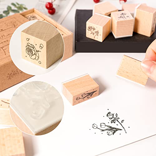 12 Pieces Wood Rubber Stamps Vintage Flowers Stamp Set DIY Craft Scrapbooking Stamps for Journals Diary Planner Letter Album Card Making