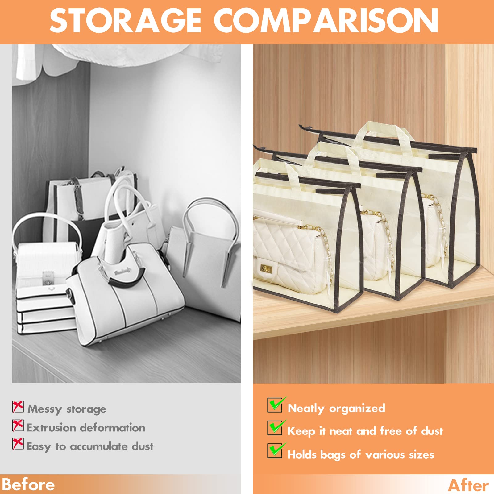 13Pcs Clear Dust Cover Bags for Handbags, YOCOMEY 5 Sizes Transparent Handbag Storage Organizer with Zipper and Handle, Dustproof Purse Protector Storage Bag for Closet Shelf (Beige)