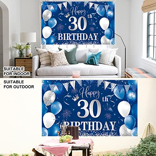 30th Birthday Banner Backdrop,BTZO Happy 30th Birthday Decorations,Blue Silver Fabric Photo Backdrop Background for Men and Women 30th Birthday Party,70.8 x 43.3Inch