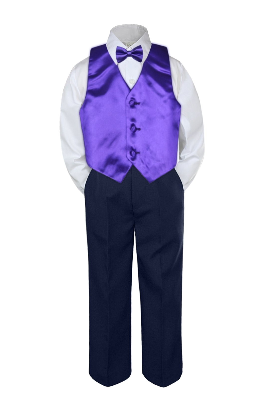 4pc Baby Toddler Boy Party Suit Tuxedo Navy Pants Shirt Vest Bow tie Set Sm-4T (Large (12-18 Months), Purple)