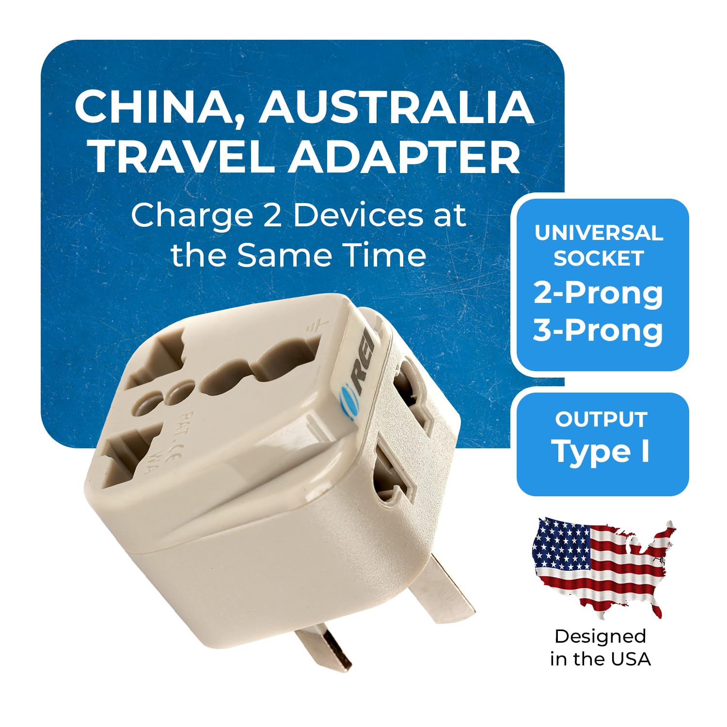 Australia Power Plug Adapter, OREI US to China Plug Adapter, 2 in 1 Type I Plug Adapter with Universal Outlet, Perfect for Laptop, Camera, Mobile, Used in Australia, New Zealand, China (DB-16-2PK)