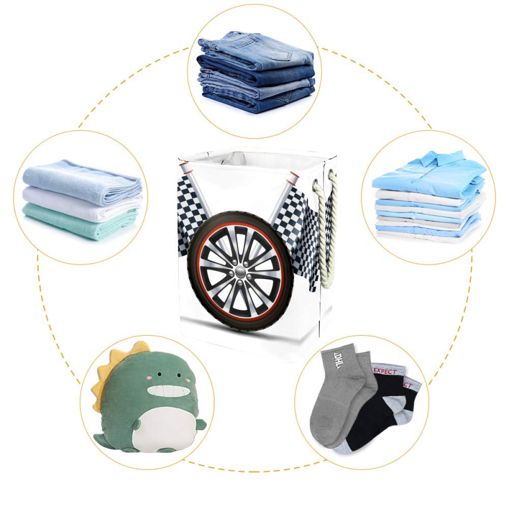 Large Foldable Waterproof Storage Baskets Collapsible Organizer with Carrying Handles for Nursery, Home Closet, Toys, Towels, Laundry - Checkered Racing Flag And Wheel