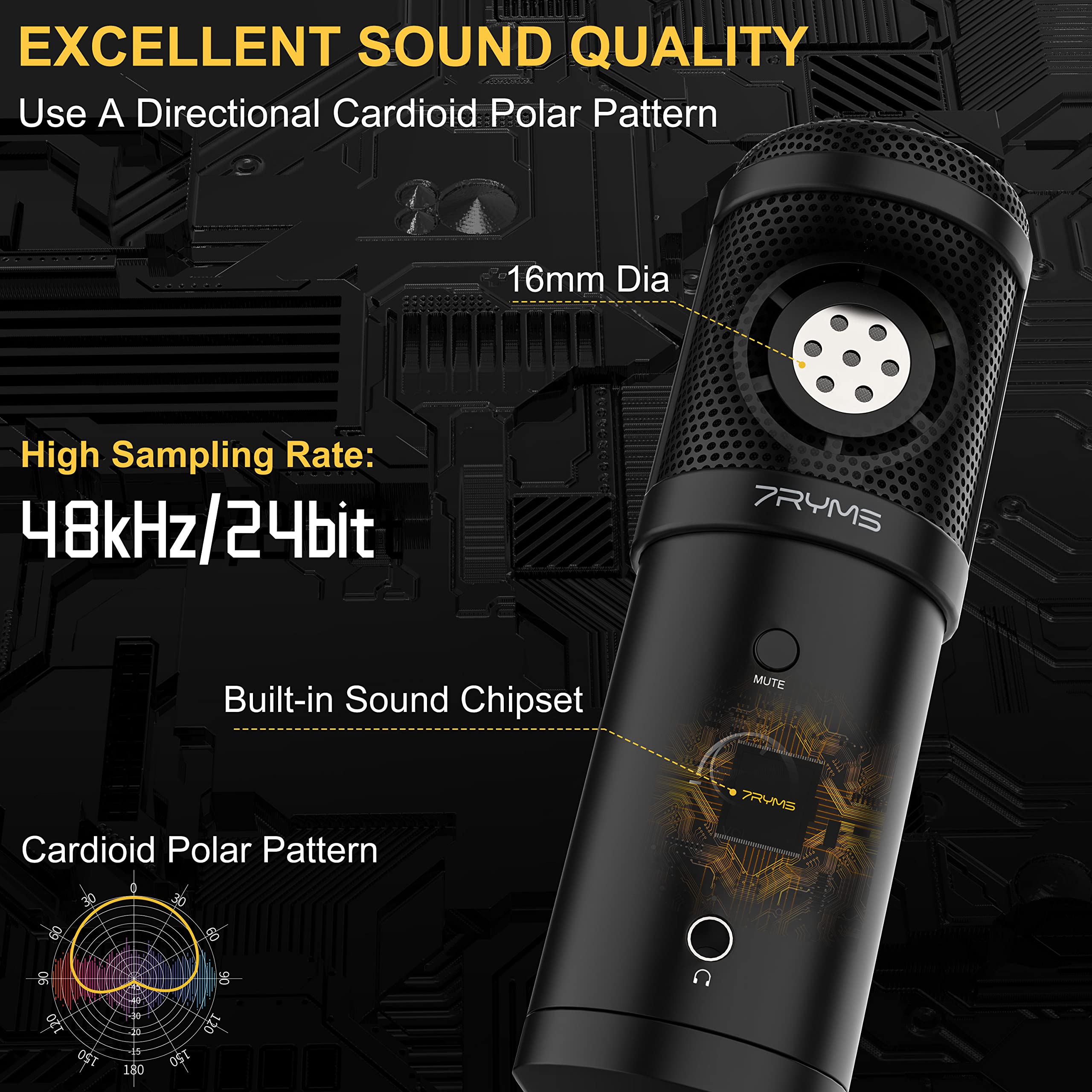 7RYMS SR-AU01-K1 Podcast Microphone Kit with Arm Stand, USB Condenser Microphone for Computer PC Smartphone, Suitable for Gaming Singing Podcasting Recording Live-Streaming