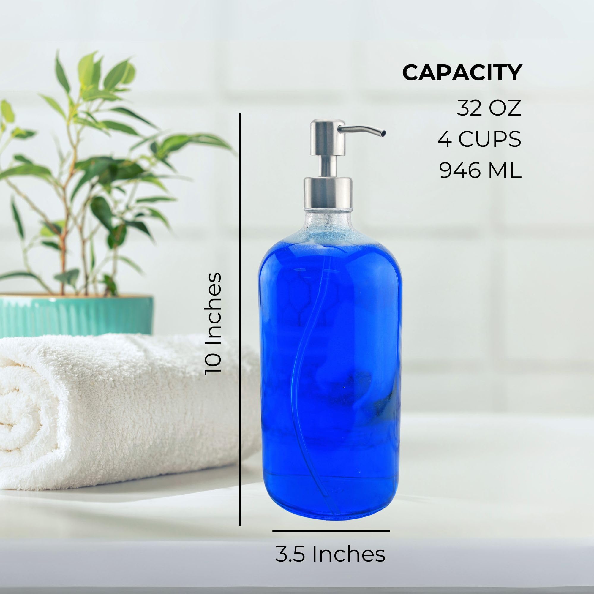 Cornucopia 32oz Glass Pump Bottles with Stainless Steel Pump (2-Pack, Clear); Economy Size Soap Dispenser for Massage Oils, Lotions, Liquid Soaps
