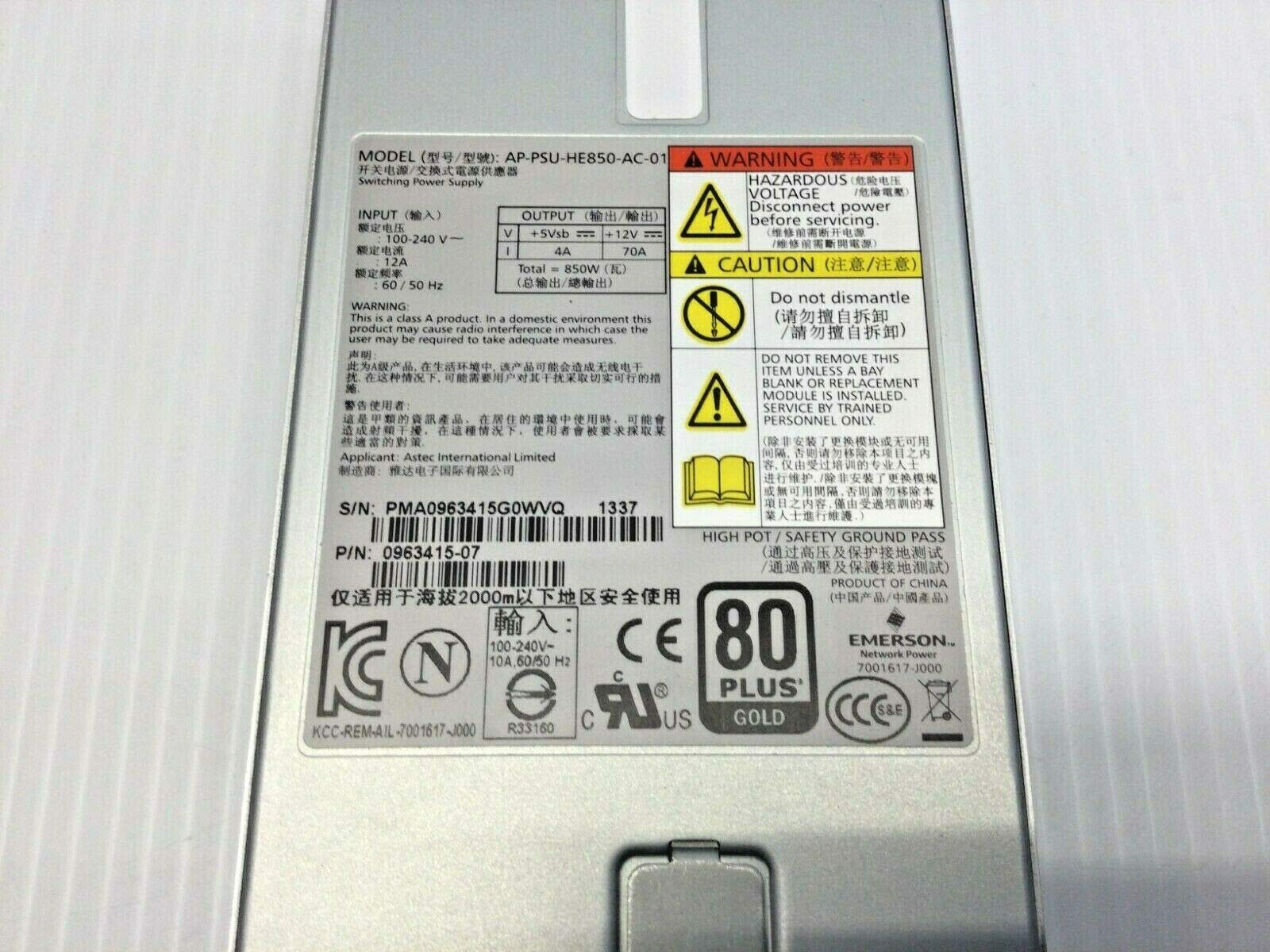 Emerson 0963415-07 AP-PSU-HE850-AC-01 850W 80 Plus Gold Power Supply, Lot of 10