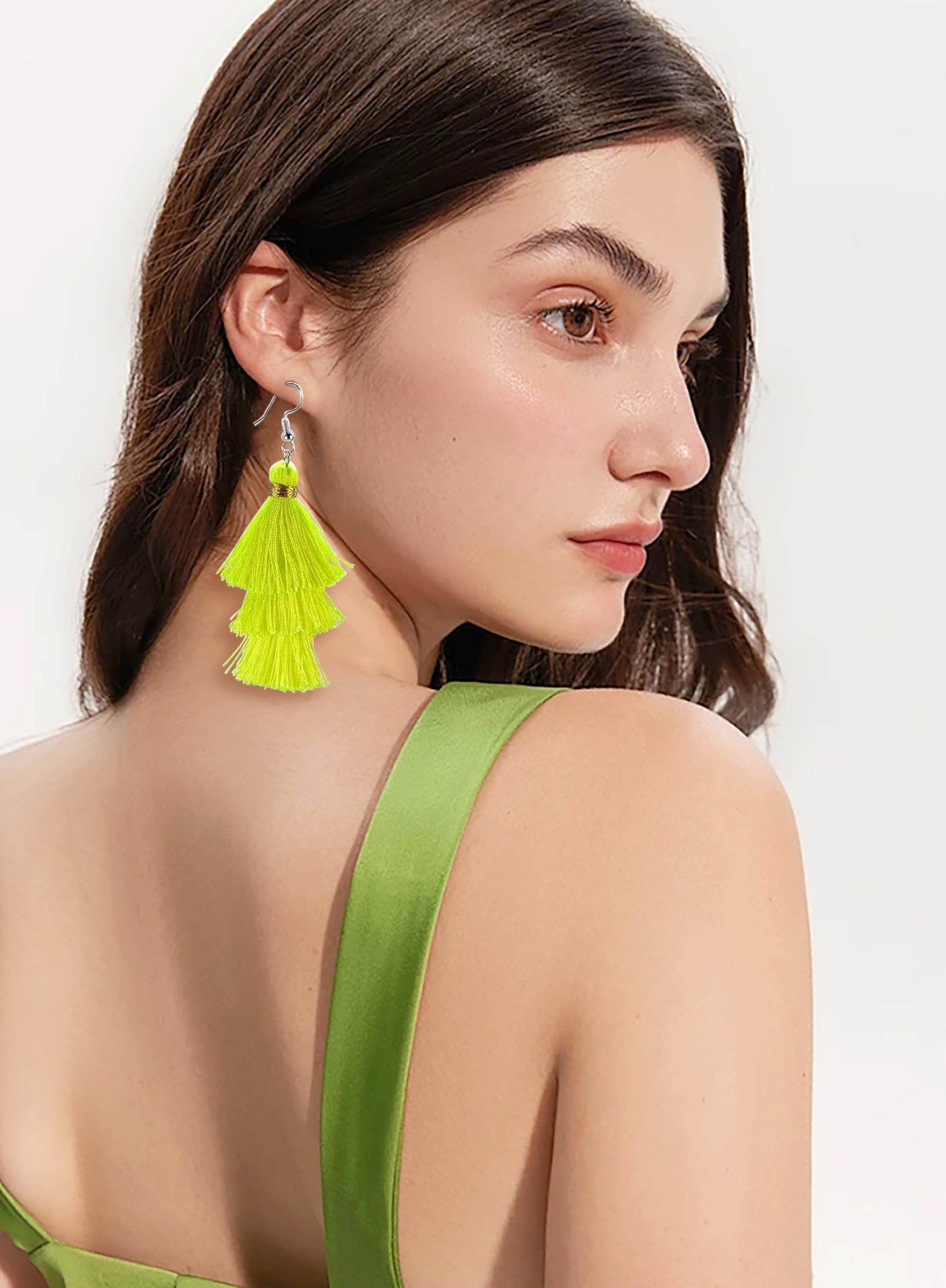 AD Beads Fashion Copper Dangle Tassel 3 Layers Fan Fringe Earrings, Lime Yellow, 3.15 in