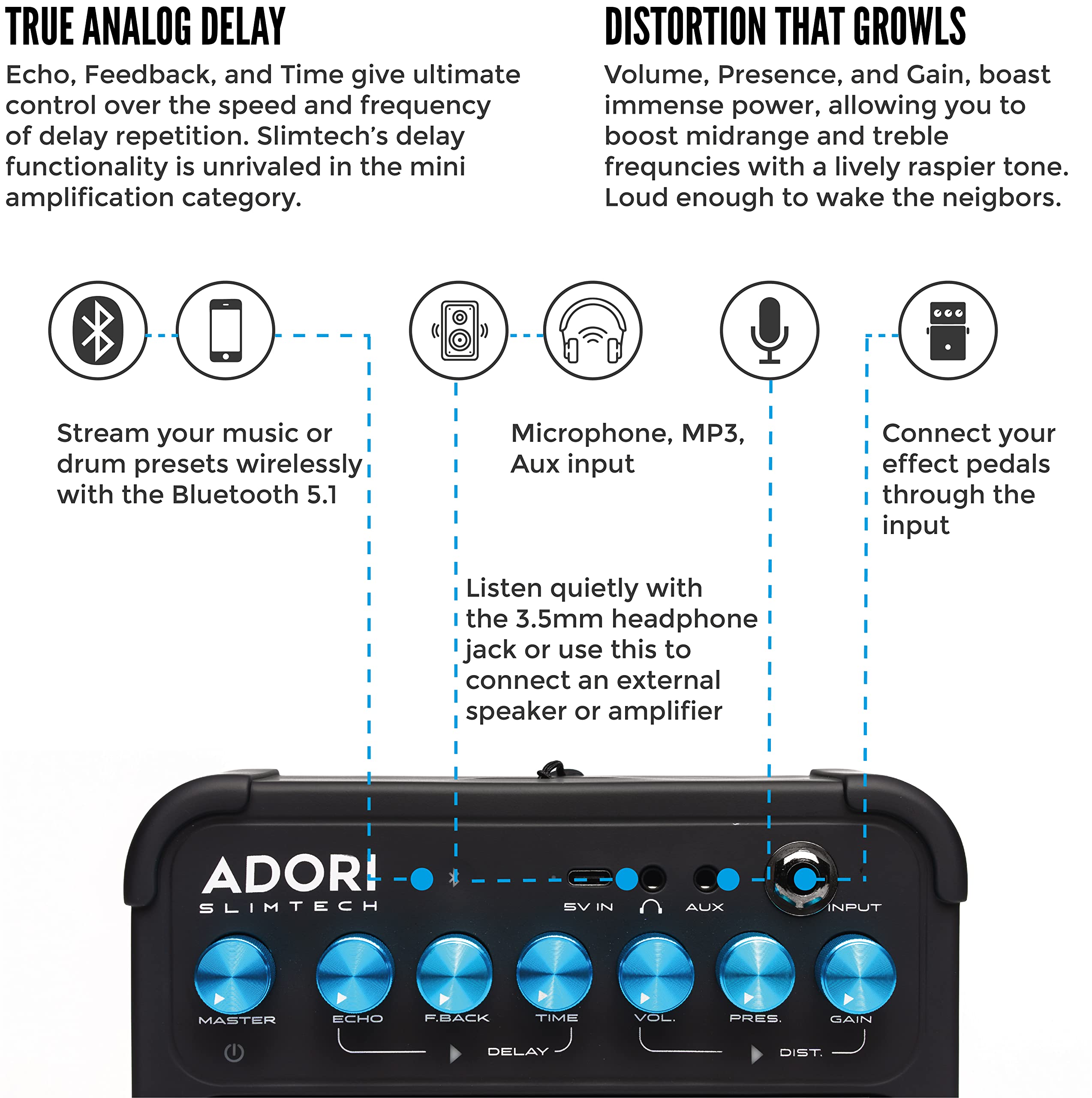 Adori Slimtech - Bluetooth Mini Guitar Amp, Portable Guitar Amp with Rechargeable Type-C 10 Hour Play. Ultimate Electric Guitar Practice Amplifier