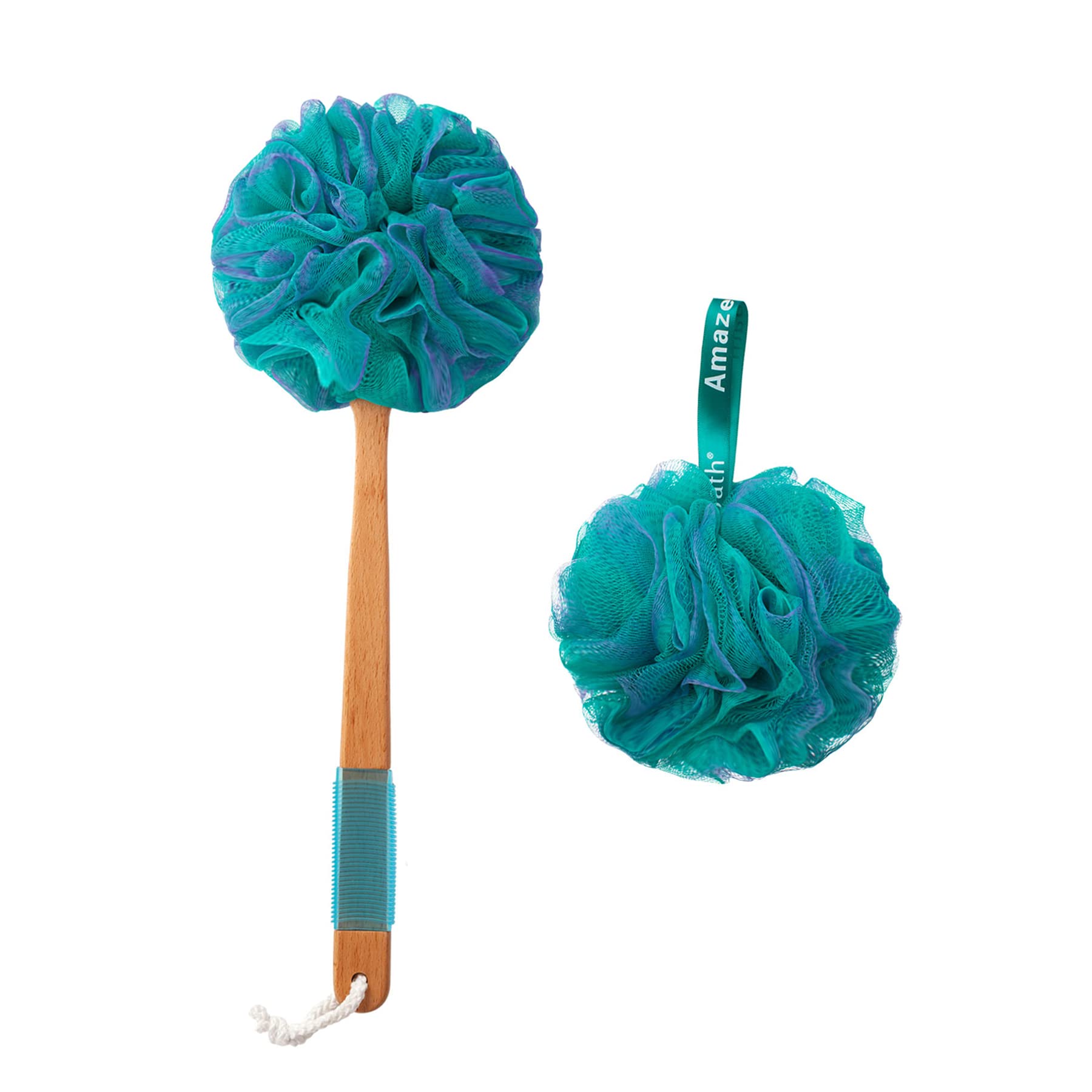 AmazerBath Shower Sponge Loofah Back Scrubber, PE Soft Mesh Loofah Body Scrubber with Long Wooden Handle, Bath Sponge for Men Women (Green)