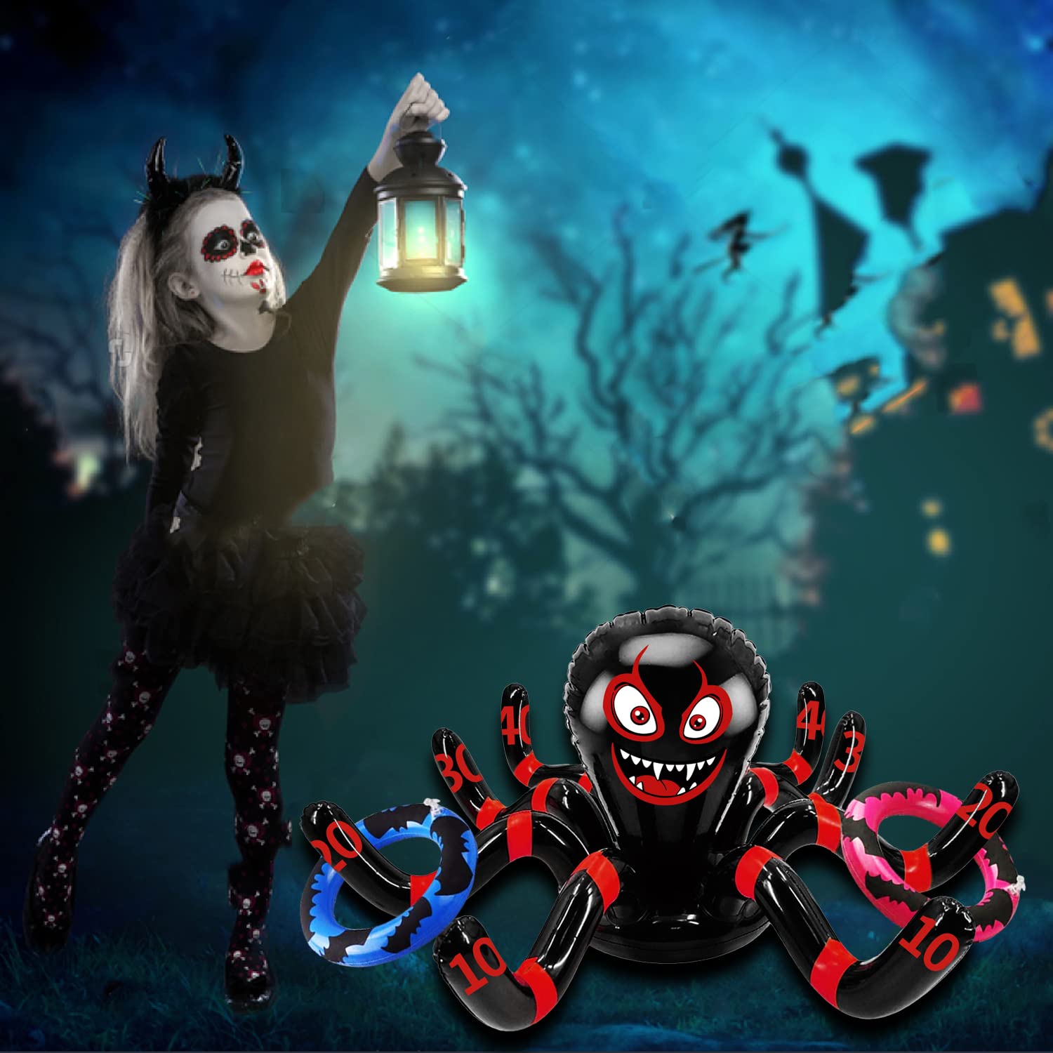 15Pcs Halloween Games Inflatable Spider Ring Toss Game with 12 Rings and Pump Halloween Ring Toss Game Set Gift for Kids Adults