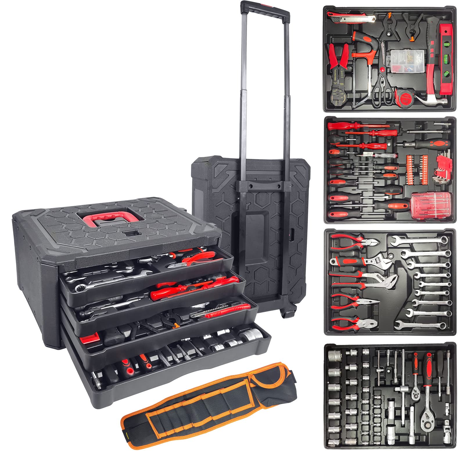 188-Piece Tool Set with Wheels, Tool Kit with Rolling Tool Box, Four-Layer Tool Kit, Toolbox Storage Case with Drawer, Complete Household Tool Kit, Tool Set for Men on Father's Day