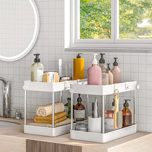 2 Pack Under Sink Organizer,2 Tier Under Sink Organizers And Storage For Kitchen Bathroom,Under Sink Cabinet Organizer,Multi-purpose Stable And Sturdy Cabinet Countertop Organizer,White