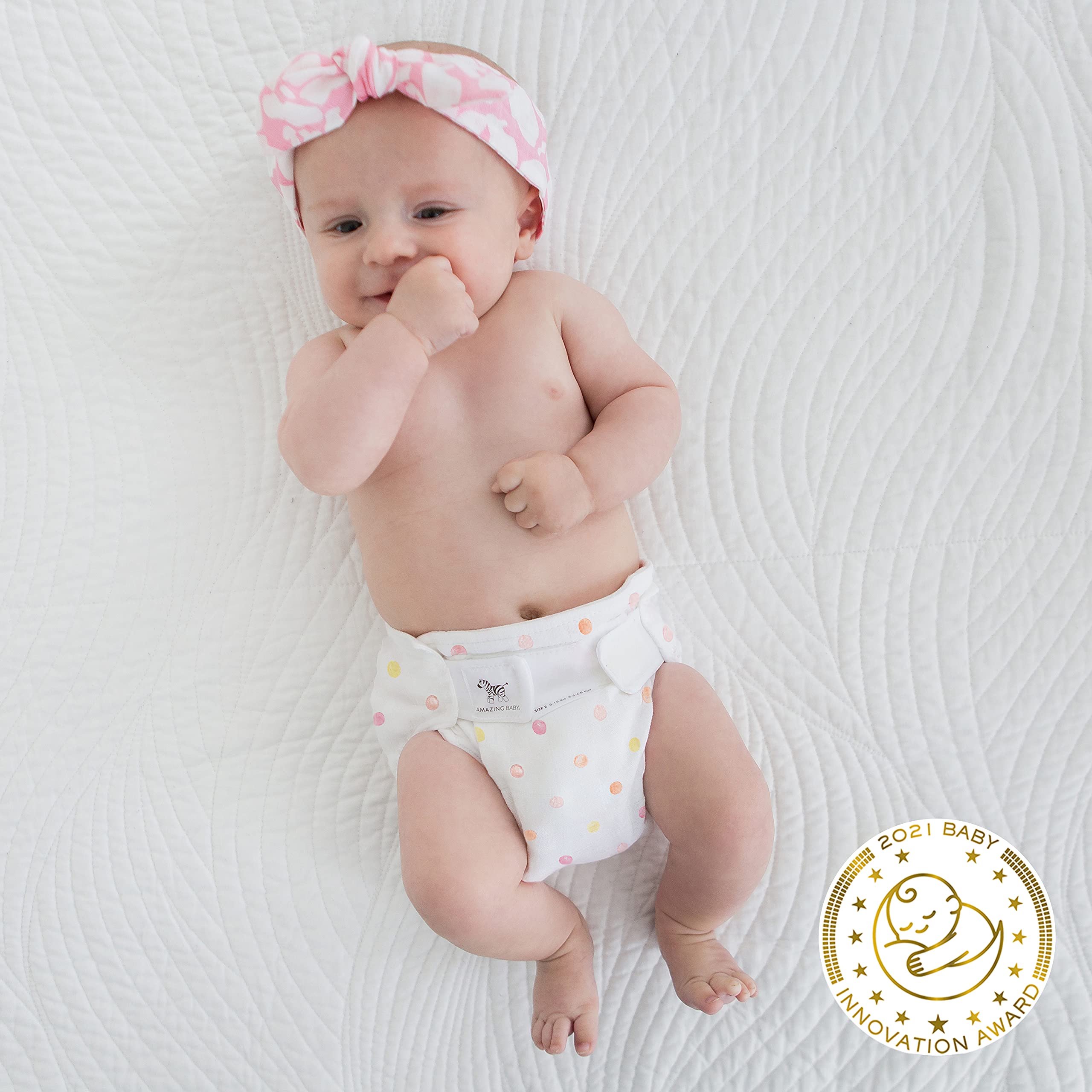 Amazing Baby Hybrid Cloth Diaper Cover with Pocket-Sling, Small, Sz 2 (8-15 lbs), Use with Boosties Inserts, Pink Watercolor Dots, SmartNappy Set includes Muslin Cover + Tri-fold Insert + Booster Pad
