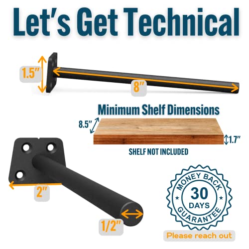 EVALD The Improved Floating Shelf Bracket | Heavy Duty Floating Shelf Hardware | 4X Floating Shelves Brackets ½" Diameter, 8X Premium Screws & 16x Anchors | Floating Mantel Bracket | 8 Inch