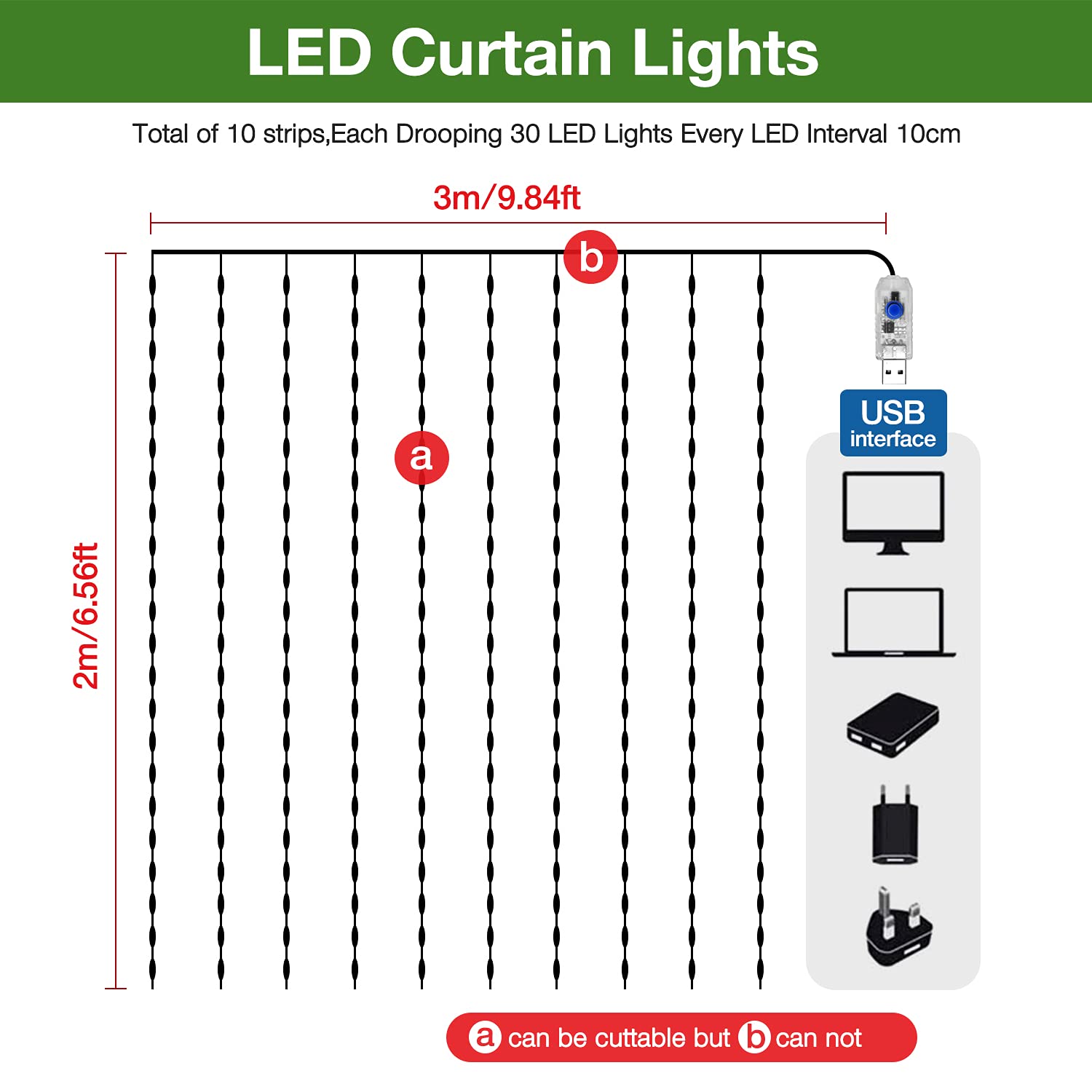 300 LED Curtain String Light with 24 Pcs 180 Feet Fake Vines Artificial Ivy and 50 Pcs Invisible Wall Vines Fixing Clips for Wedding Party Home Garden Bedroom Wall Decorations