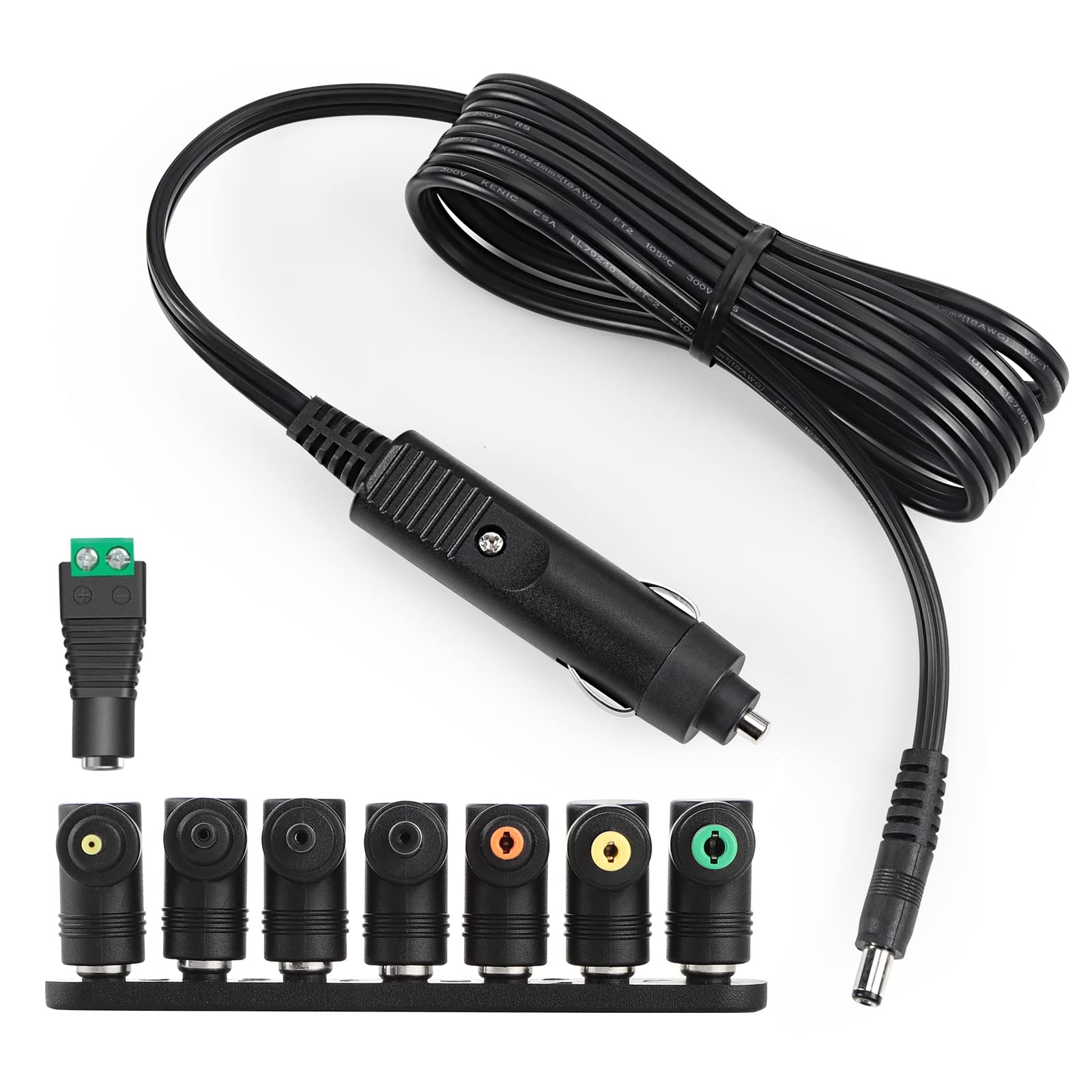 12V car Charger 5A - 18AWG dc in 12v Power Cord 5.5x2.1mm to Cigarette Lighter with 8 Connector for Massage Back Cushion,DVD Player, GPS, Bluetooth Speakers 5FTCable Black