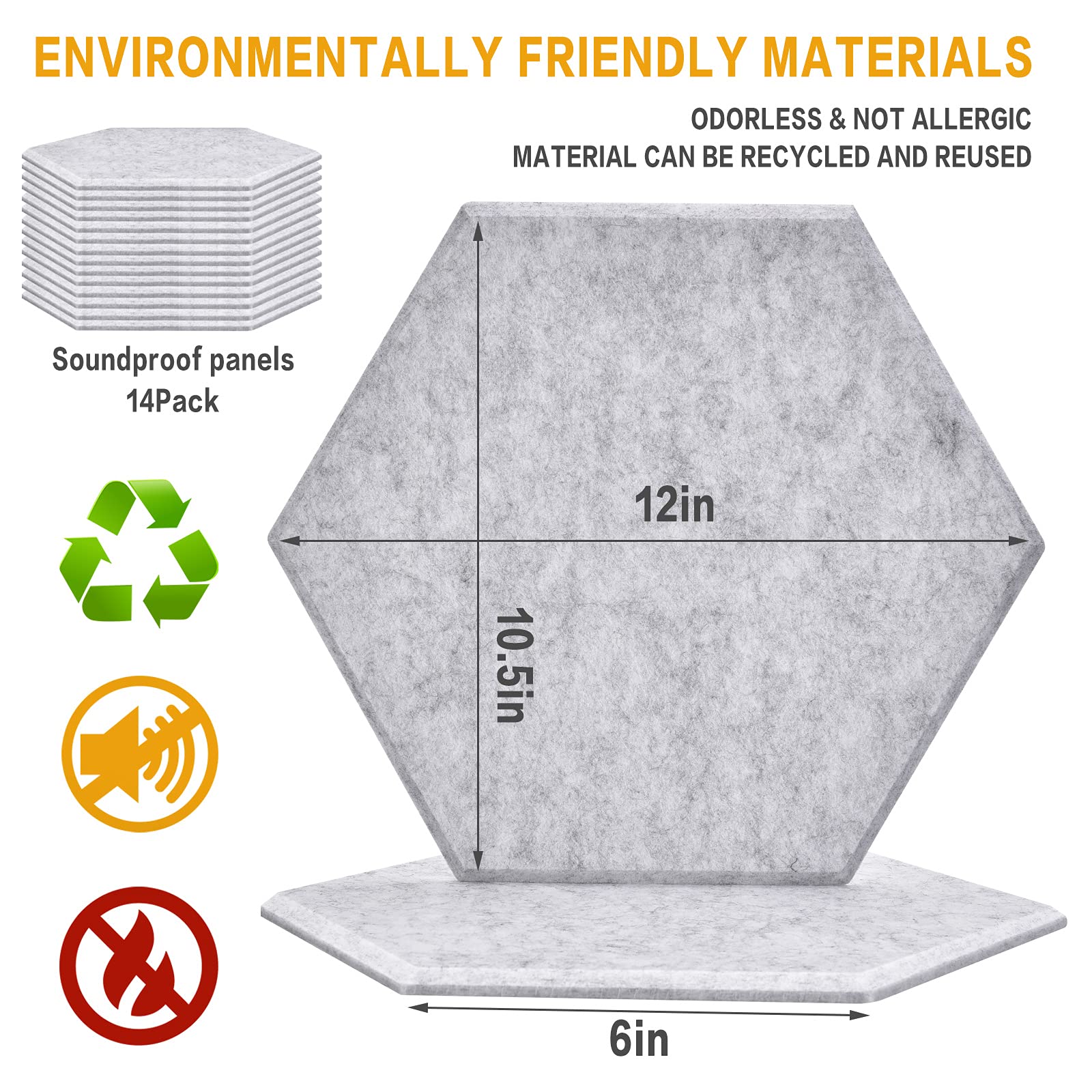 14 Pack Self-adhesive Acoustic Panels,12" X 10" X 0.4" Hexagonal Sound Proof Foam Panels with High Density,to Absorb Noise and Eliminate Echoes for Studio,Home Room Decor (Silver gray)