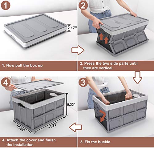 Homde Pack of 2 Storage Bins with Lids Collapsible Plastic Crates Storage Container Gray Box with Handle for Shoes, Clothes, Toy, Books and Grocery (Large)