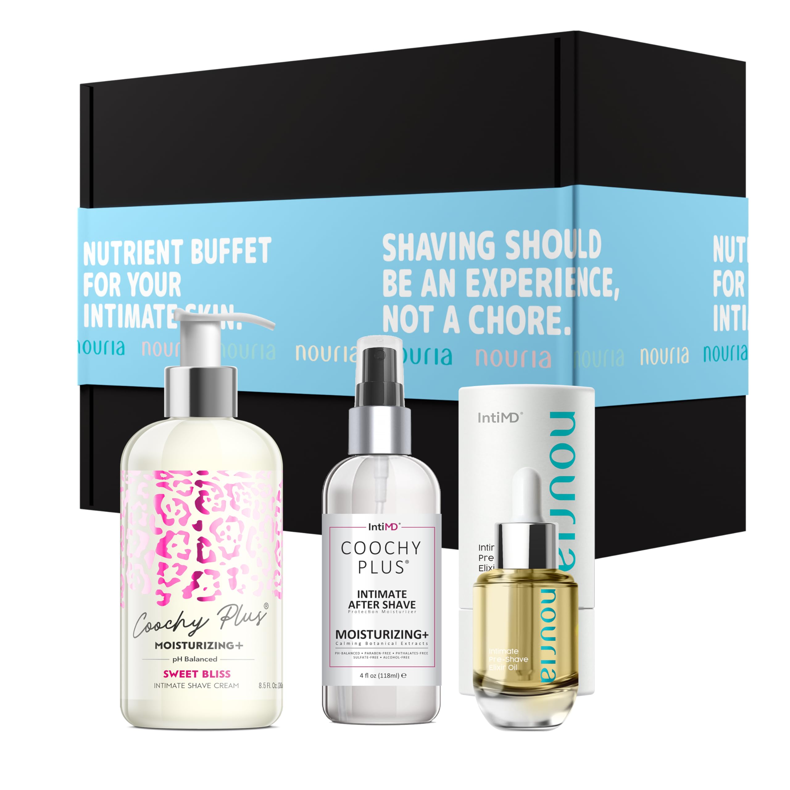 Coochy Plus HydroLock MOISTURIZING+ 3-Steps Kit Intimate Shave Gift Set: NOURIA Pre-Shave Elixir Oil + Coochy Plus Shave Cream Sweet Bliss + Coochy Plus After Shave Protection Mist