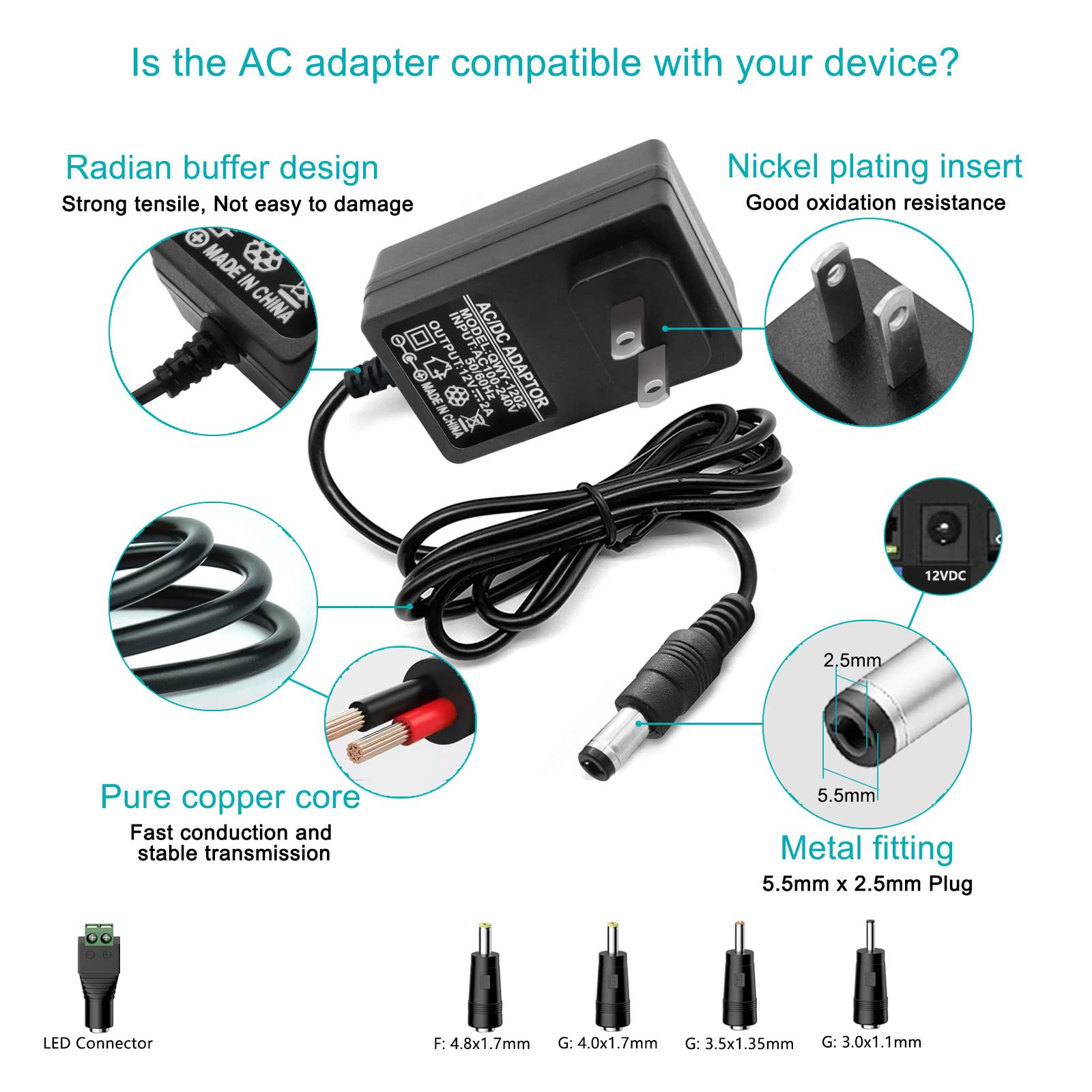 12V DC Adapter Charger Universal DC in 12 Volt 2 Amp Power Supply Cord Compatible for Beats by Dre Beats Pill XL, Streamlight Waypoint 300 44900 44902 44910 44905 44909 LED Flashlight Spotlight Cable