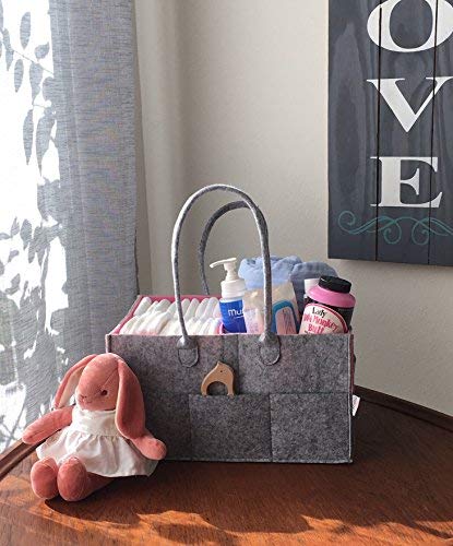Baby Diaper Caddy | 13X9X7 | Nursery Storage and Car Organizer for Diapers and Wipes | Grey with Pink Removable Dividers