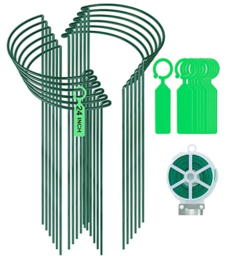 12 Pack Plant Support Stakes, Peony Cages and Supports Large 10" Wide x 24" High Tall Peony Ring Supports, Garden Plant Stakes for Outdoor Plants Rose, Tomato, Hydrangea, Flowers