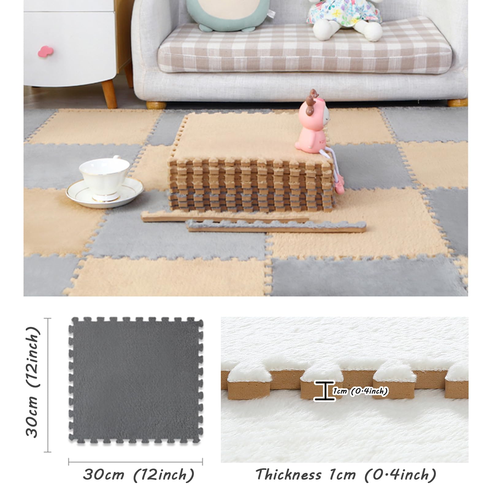 10pcs Puzzle Play Mats, 12" X 12" Plush Interlocking Carpet Tiles, Foam Square Area Rugs for Play Room, Bedroom, Easy to Install DIY(Color:White+Khaki)