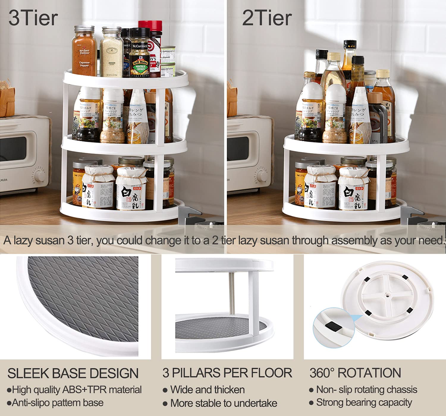 12 inch Diameter Turnable Lazy Susan Spice Rack Organizer for Large Cabinet, Kitchen Dining Table Refrigerator Bathroom Organization (Gray)