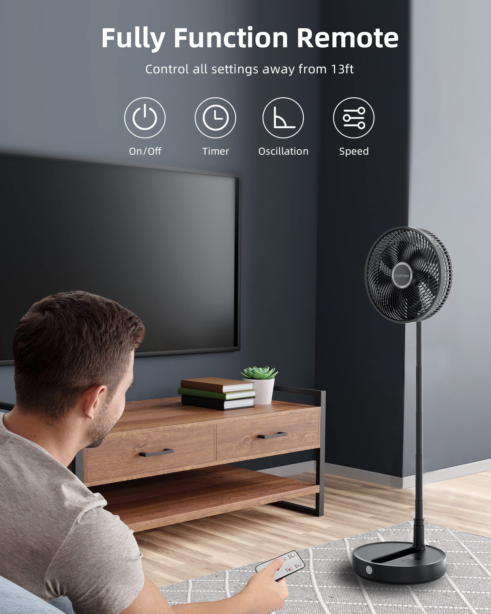 12” Battery Powered Table Fan, 10800mAh Foldaway Fan with Remote Control Night Light Timer, Portable Oscillating Fan for Home, Camping, Travel, Hurricane