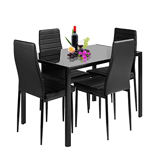 Henf 5-Piece Kitchen Dining Table Set W/Glass Tabletop, 4 PU Leather Chairs Glass Dining Set for Home Kitchen Dining Room Breakfast Furniture, Black