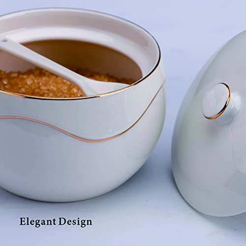 KITCHENDAO Porcelain Sugar Bowl with Lid and Spoon – Dust Free- Ceramic Sugar Holder Container for Countertop Kitchen Coffee, Dishwasher Oven Freezer Safe, 11OZ