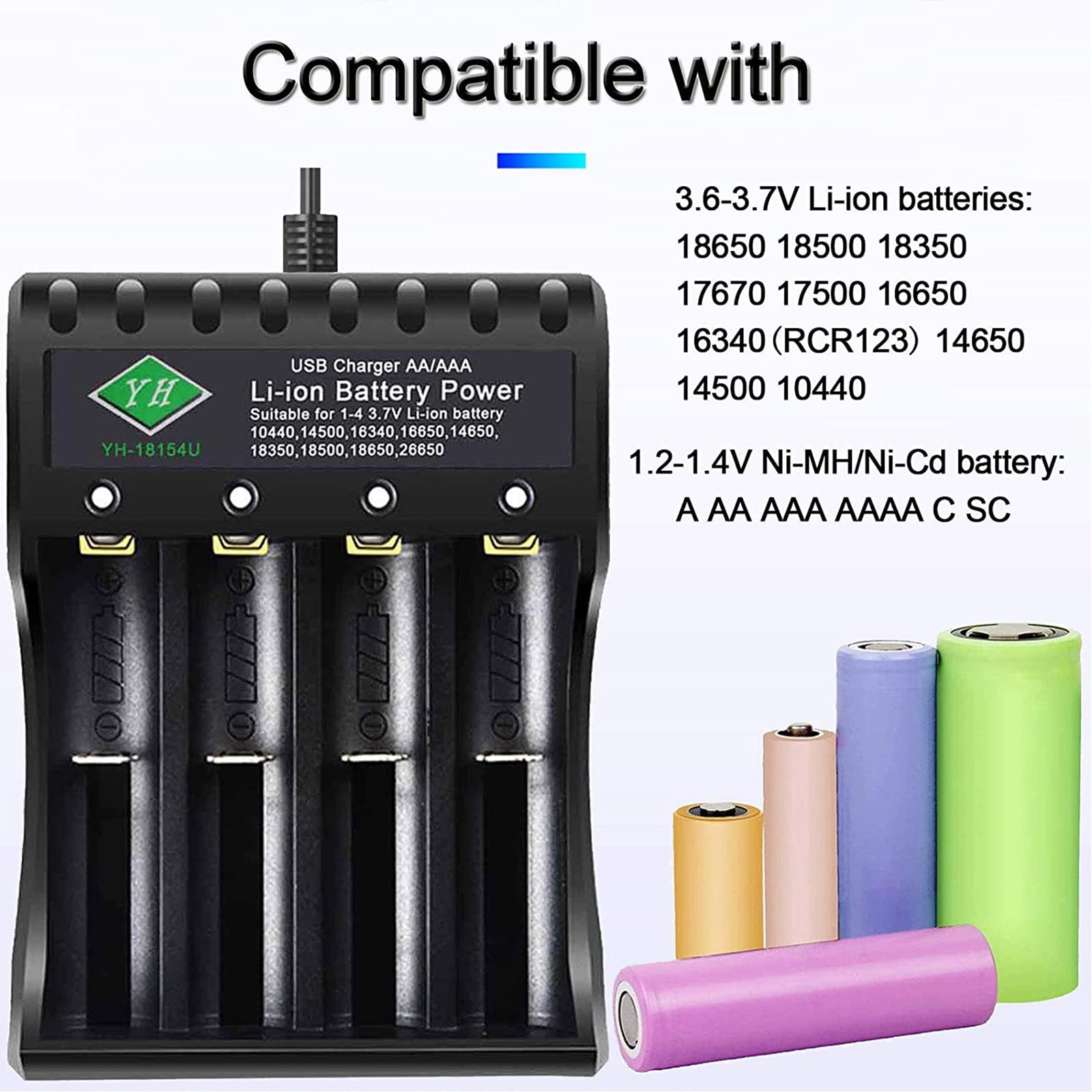 18650 Lithium Battery Charger 4 Bay Universal Fast Charger for 3.7V Li-ion 10440,14500,16340,16650,14650,18350,18500,18650(123A) Ni-MH Ni-Cd A AA AAA AAAA rechargeable Battery(battery)