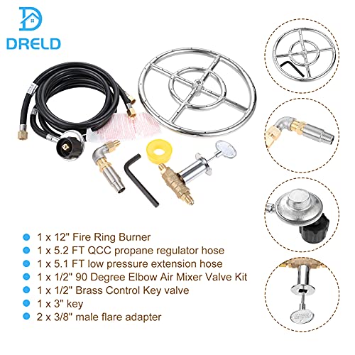 12" Fire Pit Ring Burner Kit, LP Propane Gas Fire Pit Stainless Steel Burner Ring Installation Kit, for Fire Pit Indoor Outdoor Camping Fireplaces with 1/2 Key Valve Air Mixer Valve Regulator Hose
