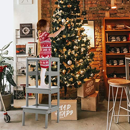 Costzon Kids Kitchen Step Stool with Safety Rail, Wood Standing Tower Learning Stool with Anti-Slip Strips for Children, Toddlers Kitchen Counter Helper Stool for Bathroom