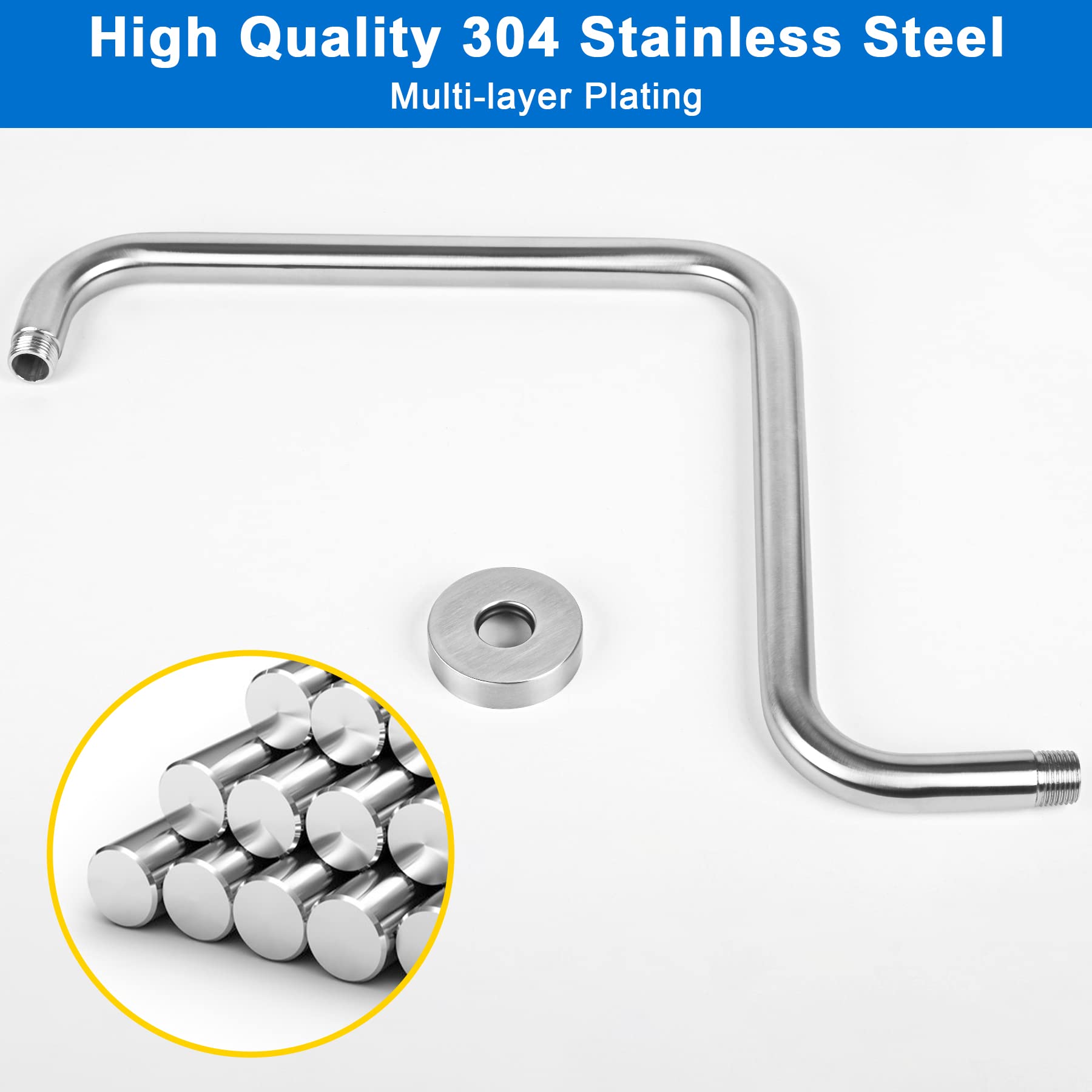 16.8 Inch S Shaped Shower Arm Height Extender Rainfall Head High Rise Shower Arm with Flange and Teflon Tape,304 Stainless Gooseneck Shower Arm Standard 1/2" Connection for Bathroom Accessory (Chrome)
