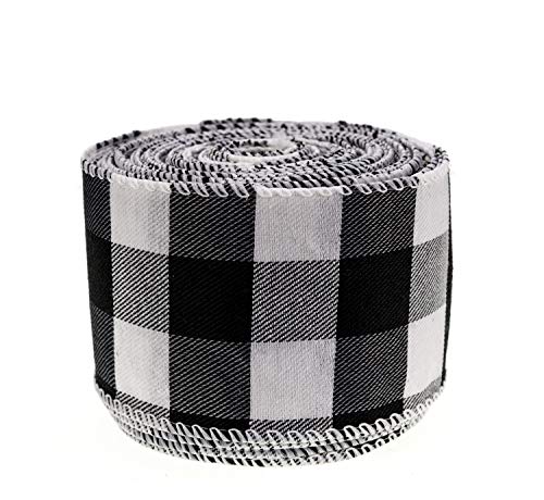 ATRBB White and Black Buffalo Plaid Ribbon Wired Edge Gingham Ribbon for Christmas Decoration and Bows Craft,10 Yards by 2.48 Inches (Style 1)