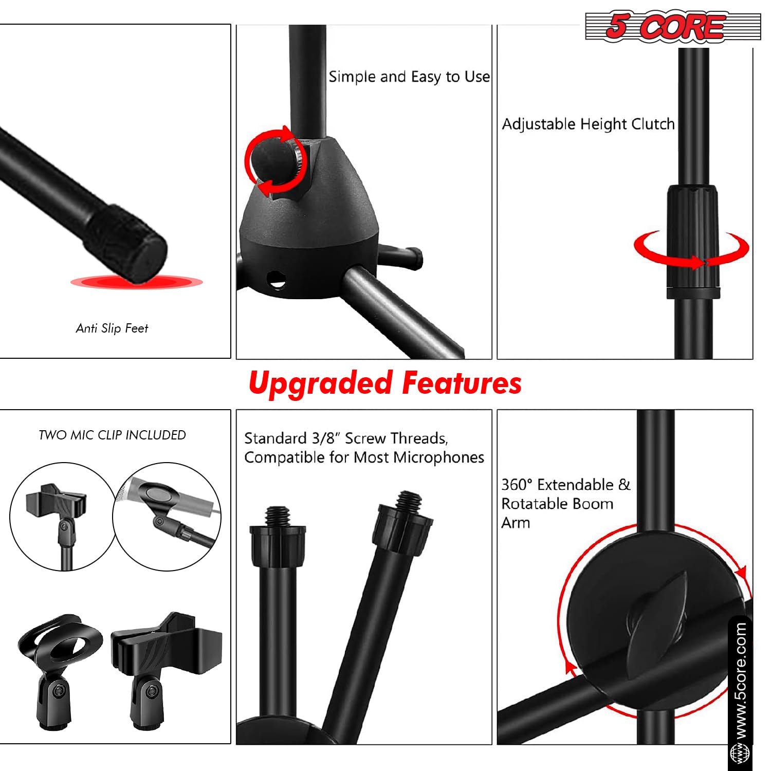5 Core Tripod Mic Stand Floor 4Pcs Adjustable 31 to 76 Inches Boom Arm Holder Microphone Stands 360 Degree Rotating + Dual Mic MS DBL 4PCS