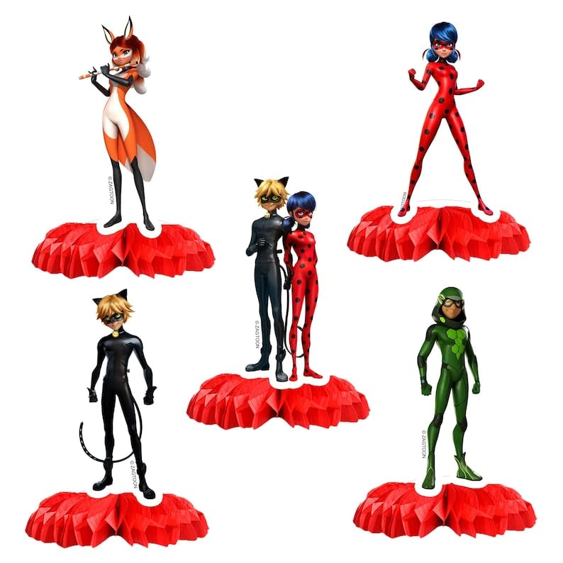 5 Pcs Miraculous Ladybug Party Honeycomb Centerpieces For Birthday Table Decorations.