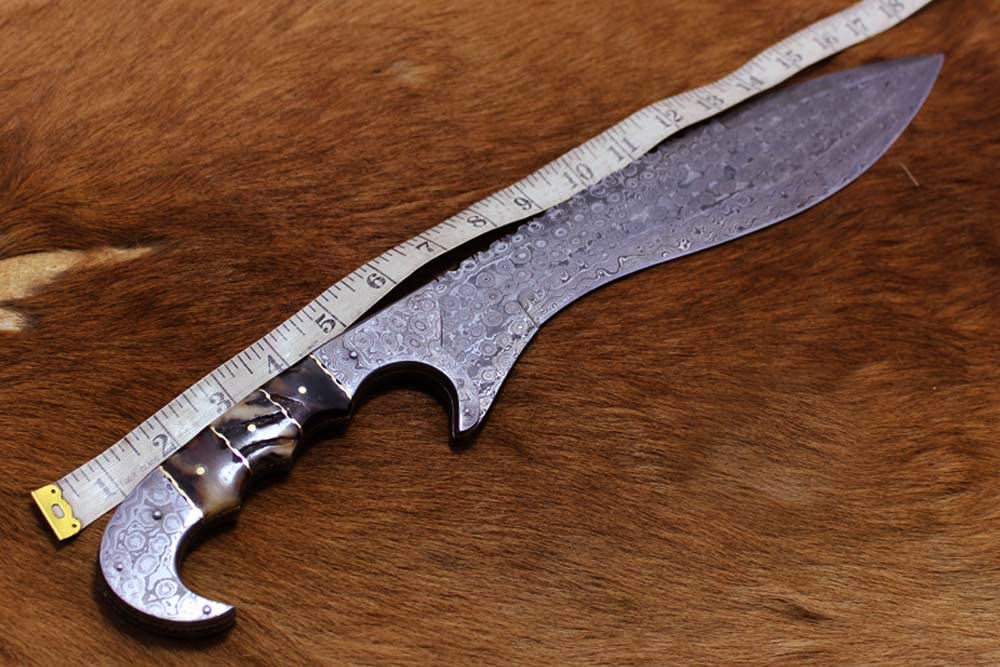 16" Long hand forged rain drop pattern Damascus steel Hunting Bowie Knife, Natural Ram horn scale with Damascus bolster and finger guard, Cow Hide Leather sheath with belt loop included